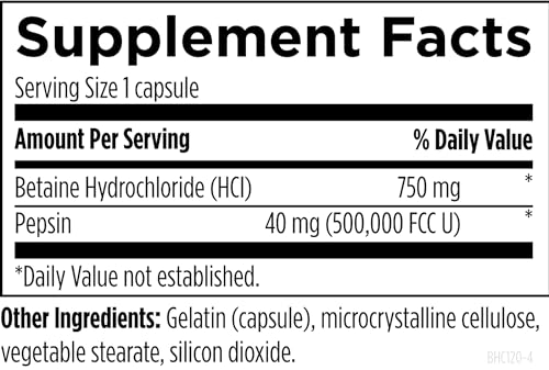 Designs for Health Betaine HCl with Pepsin - 750mg Betaine Hydrochloride + Protein Digestive Enzyme - Non-GMO Supplement to Support Digestive Function (120 Capsules)