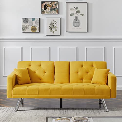 mikibama 76 Inch Futon Sofa Bed with Cup Holders, Linen Convertible Folding Futon Couch with Adjustable Backrest and Throw Pillows for Living Room, Tufted Sleeper Sofa with Metal Legs (Yellow)
