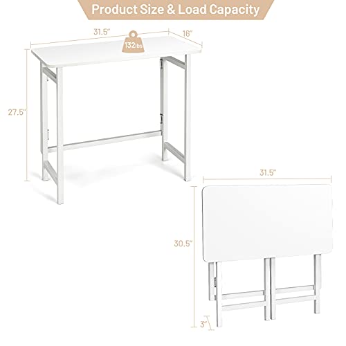 COSTWAY Folding Computer Desk, Simple Modern Writing Desk for Small Space, Space Saving Compact PC Laptop Study Workstation for Home Office, Easy Assembly, White