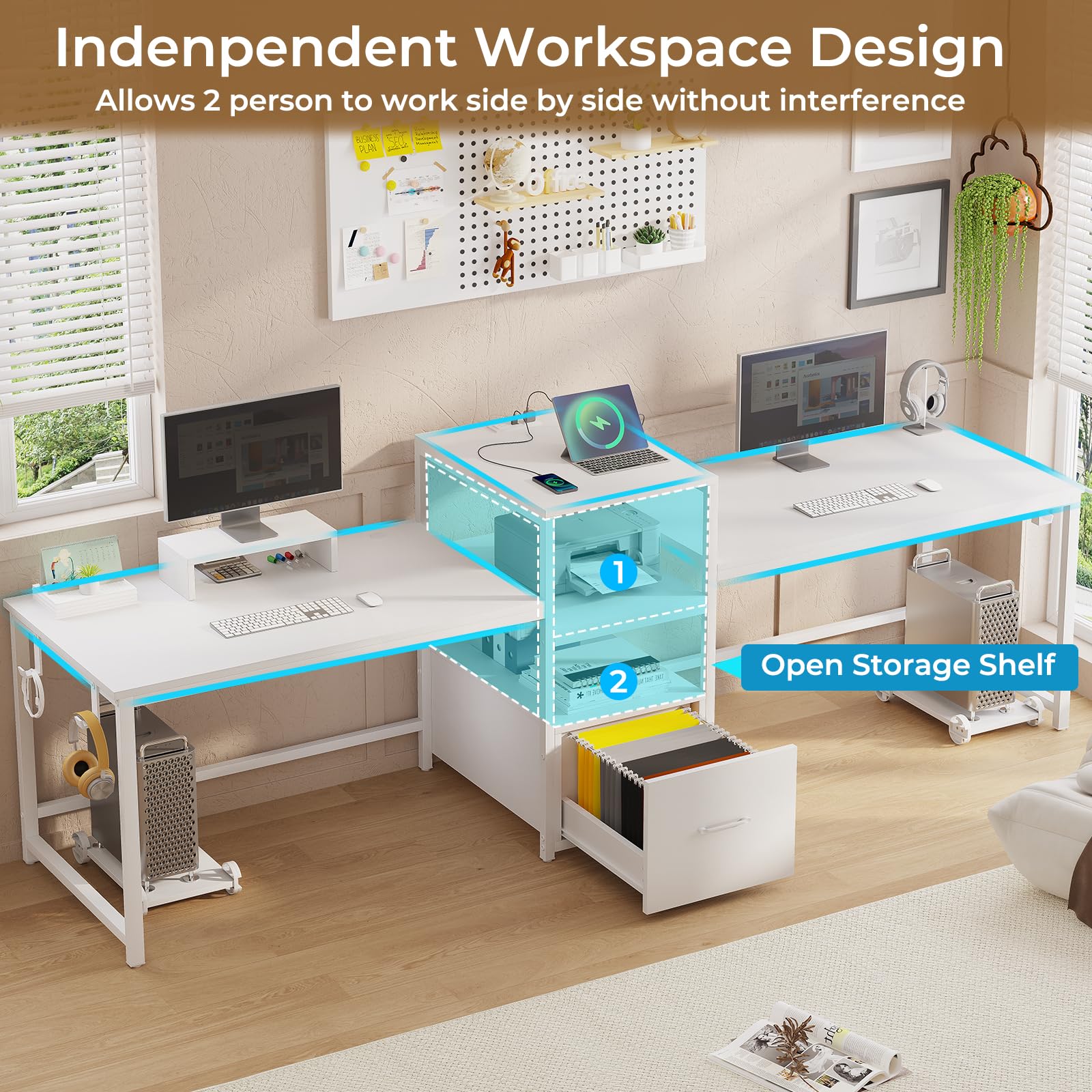 SEDETA 98" Home Office Desk, White Computer Desk with Letter/A4 File Drawer & Power Strip with USB, 2 Person Long Desk with Storage, Printer Shelf & Monitor Stand for Home Office, White