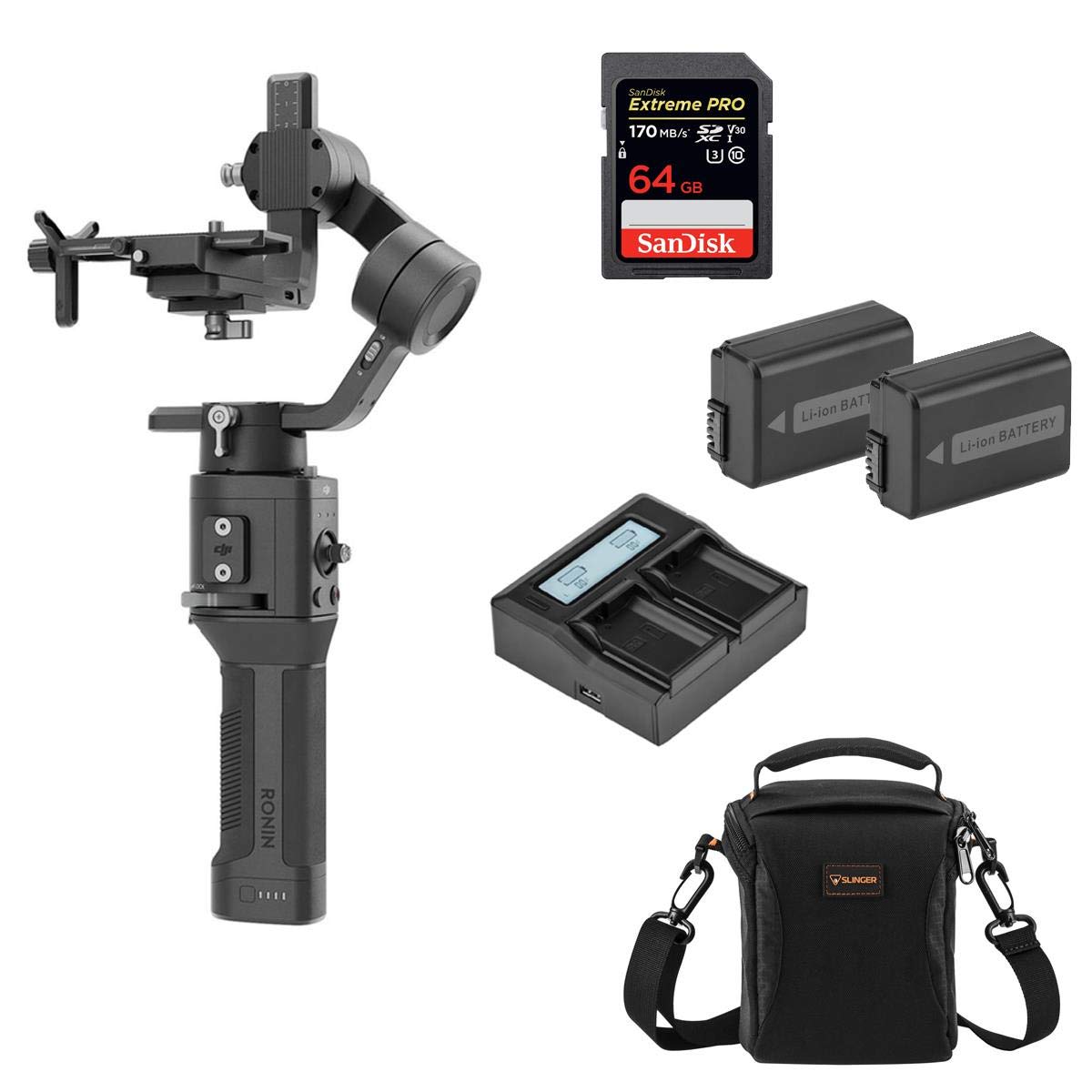 DJI Ronin-SC Handheld 3-Axis Gimbal Stabilizer for Sony Mirrorless Camera, Pro Battery Bundle with Camera Bag + 64GB SD Card + 2 Green Extreme NP-FW50 Battery + Dual Smart Charger