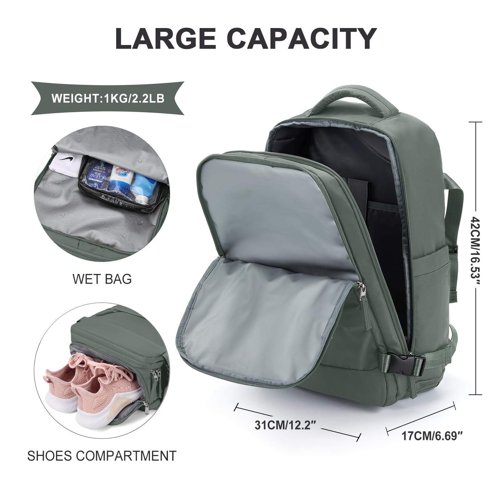 coowoz Large Travel Backpack For Women Men,Carry On Backpack,Hiking Backpack Waterproof Outdoor Sports Rucksack Casual Daypack Travel Essentials(Olive Green Minimalist)