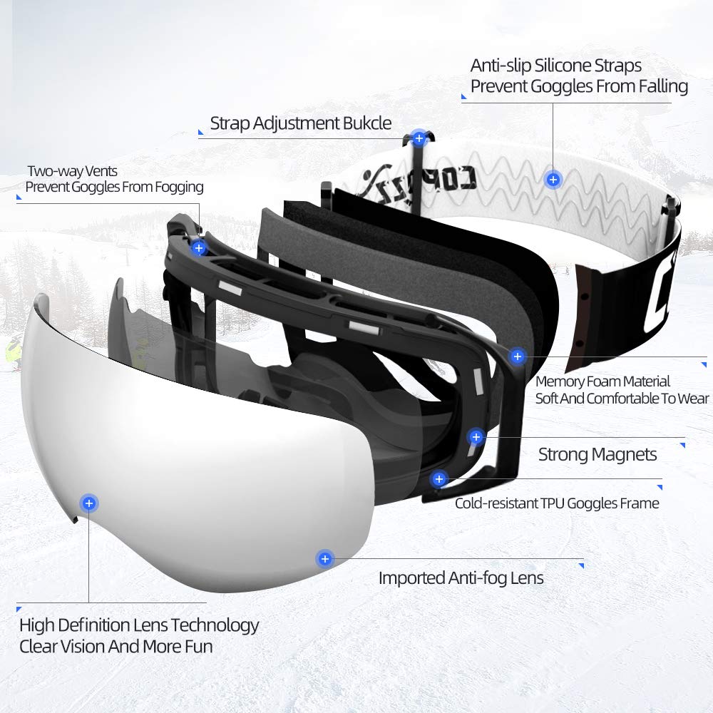 COPOZZ S2 Ski Goggles, Magnetic Snow Snowboard Goggles - Helmet Compatible Over Glasses OTG Design Non-Slip Strap UV400 Protection for Men and Women … (Silver Goggle-(VLT 8%))