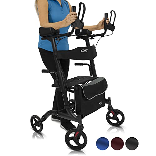 Vive Mobility Upright Walker with Seat - Stand Up Rollator, Arm Rests, Heavy Duty, Folding Medical Aid Scooter for Elderly, Seniors - Walking Assist, Foldable Transport Chair - 300 lb Capacity