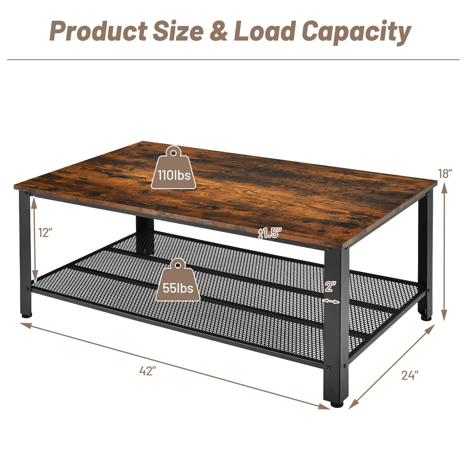 COSTWAY Industrial Coffee Table with Storage Shelf, 2-Tier Vintage Central Entertainment Console Table, Retro Accent Cocktail Tea Table for Living Room Office, Easy Assembly (Rustic Brown)