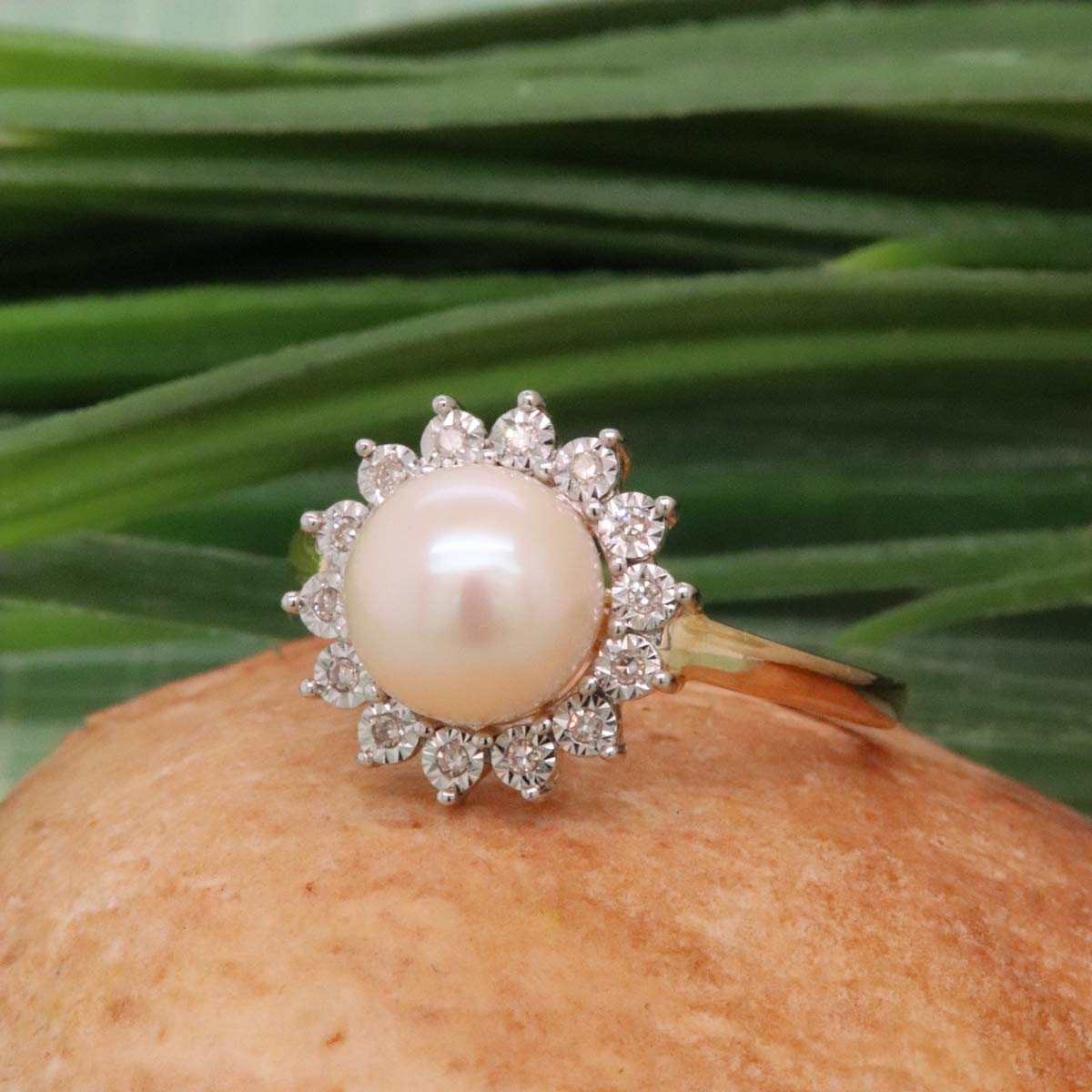 Dazzlingrock Collection 8 MM Round White Freshwater Pearl & White Diamond Illusion Engagement Ring for Women in 10K Yellow Gold, Size 6