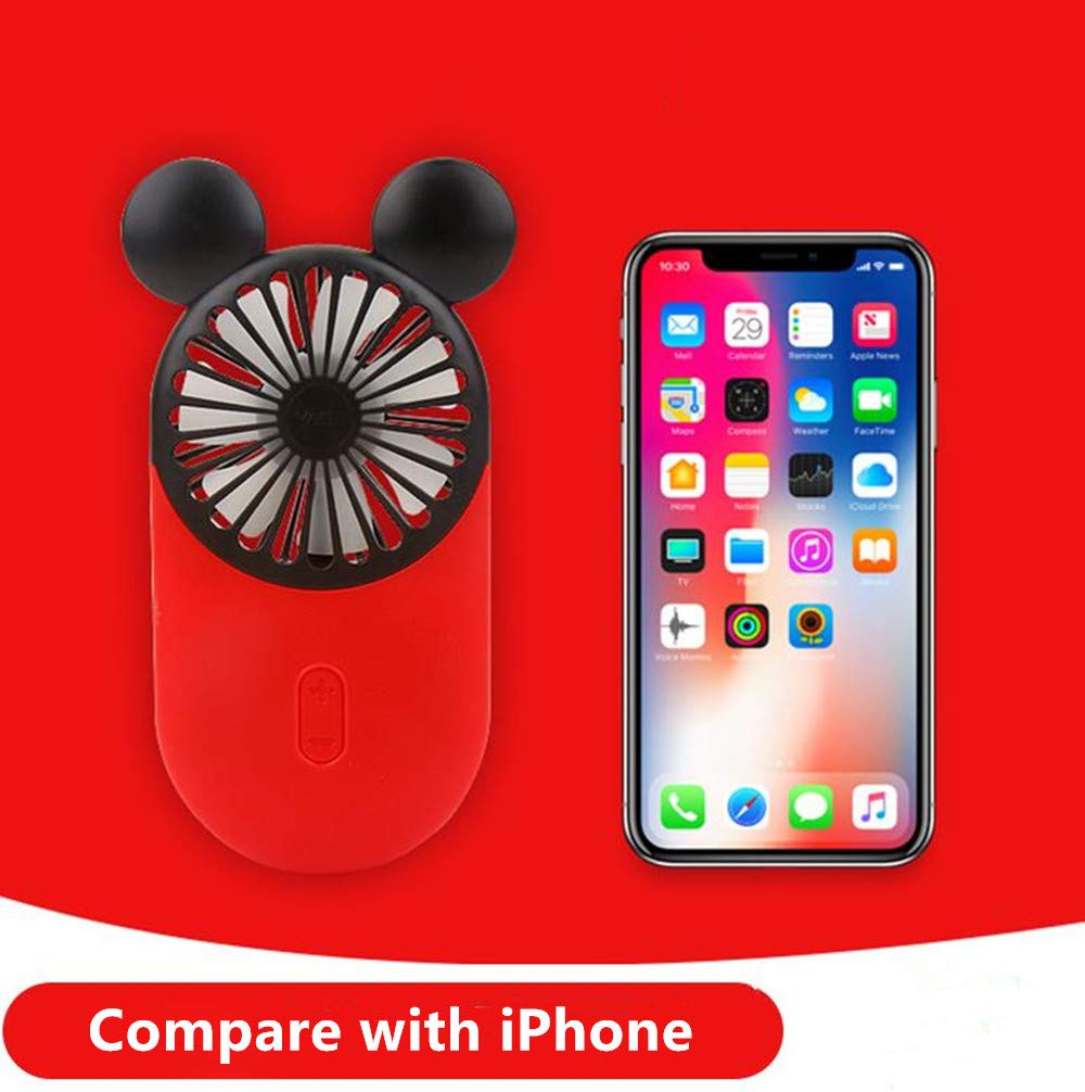 DECVO Cute Personal Mini Fan, Handheld & Portable USB Rechargeable Fan with Beautiful LED Light, 3 Adjustable Speeds, Portable Holder, for Indoor Or Outdoor Activities, Cute Mouse 2 Pack (Red+Pink)
