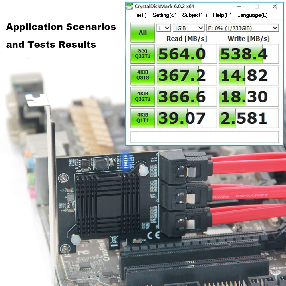 PCI-E SATA Expansion Card 6 Ports PCIe x4 to SATA 3.0 6Gbps Expansion Controller Adapter Card with 6 SATA Cables and Low Profile Bracket, Non-Raid(ASM1166) (PCIE X4 SATA 6 Ports)