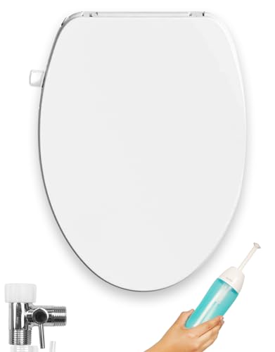 GenieBidet Slow-Close STEALTH ELONGATED Bidet. Dual Nozzles Self Cleaning. Adj. Water Pressure. No Wiring. If you can install a toilet seat you can install this. T adapter & Bottle Bidet included.