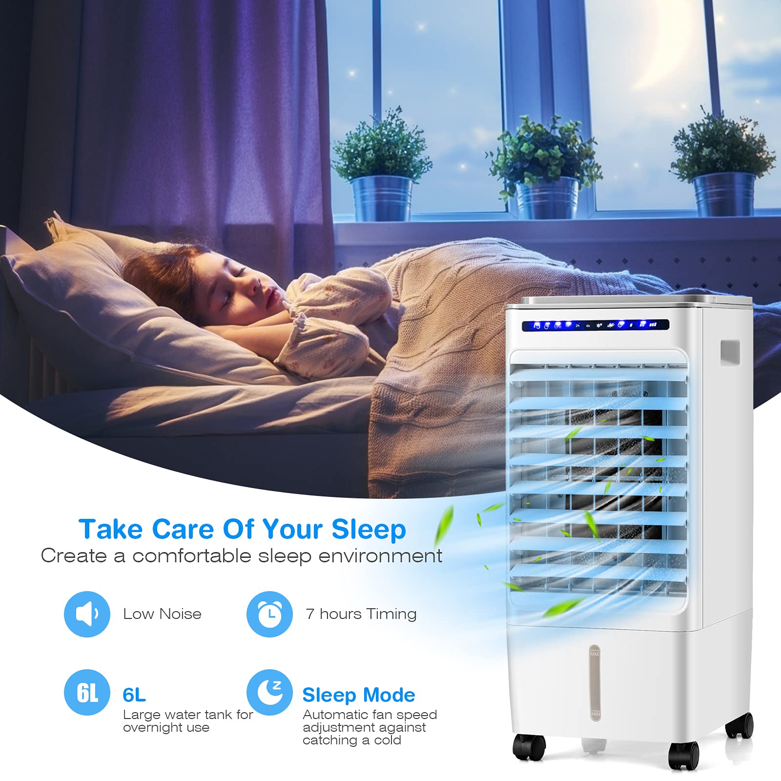 COSTWAY Portable Evaporative Air Cooler for Room, Include Remote Control, 4 Ice Packs, Portable Bladeless Fan with 3 Modes, 3 Speeds, 7H Timer, 6L Water Tank, Air Cooler for Indoor Use, Bedroom, White