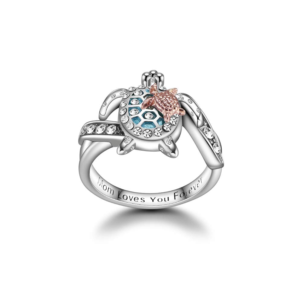 Daughter Mothers Ring with CZ Personalized Sea turtle Platinum Plating Rings for Mom Gift (JQWL) (Size:9)