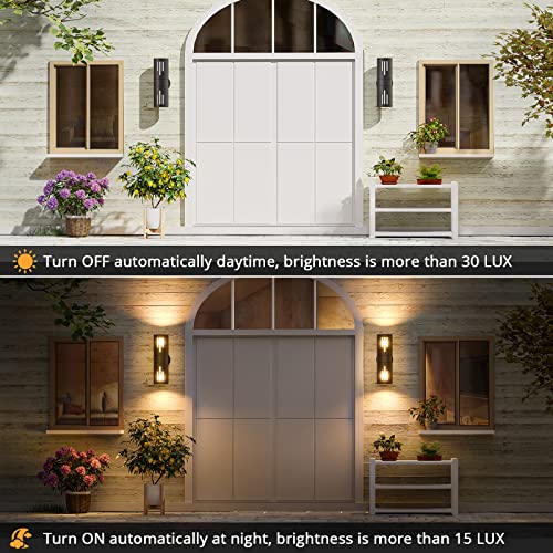 Dusk to Dawn Sensor Outdoor Wall Sconce, Exterior Waterproof Wall Lantern Light Fixture, Up Down Wall Mount Lighting Matte Black Anti-Rust, E26 Socket Wall Lamp for Porch Doorway Garage, 2 Pack