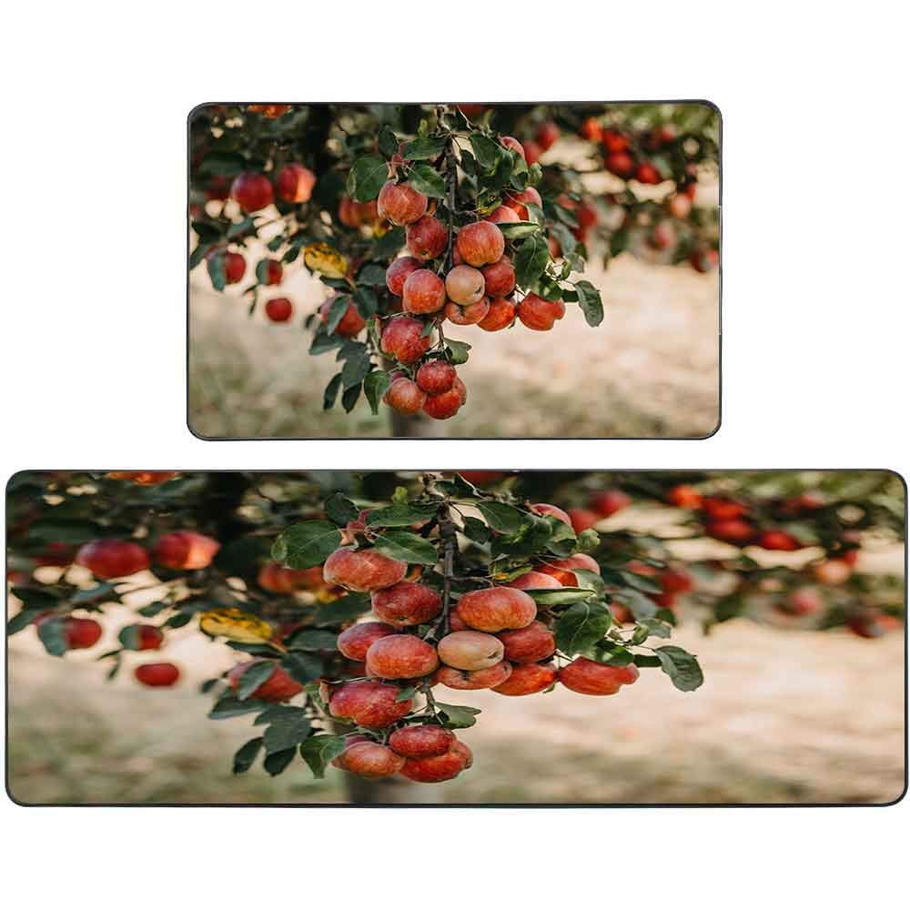 Fullentiart Kitchen Rugs and Mats,Comfort Kitchen Rugs Kitchen Rugs Non Skid Washable Rug Kitchen Floor Red Apple Tree in Autumn Fruit Garden 2 Pieces 17X48+17X24 Inches