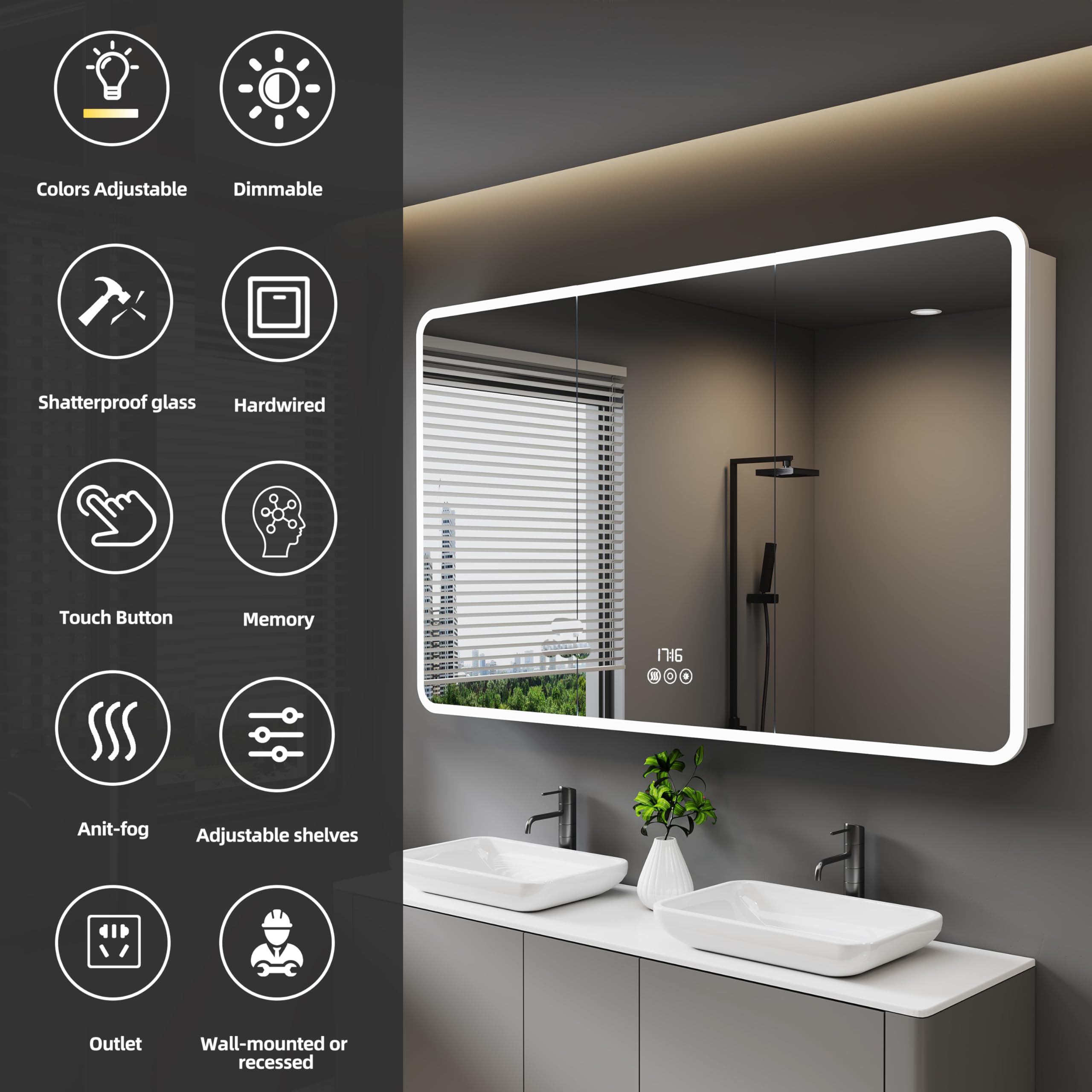 HBEZON Medicine Cabinet with LED Lights and Mirror, 60 x 36 Inch Surface and Recessed Mounted Bathroom Cabinet with Door, Adjustable Shelf, Defogger, Memory Function, 3-Color Mode, Outlet&USB, Dimmer
