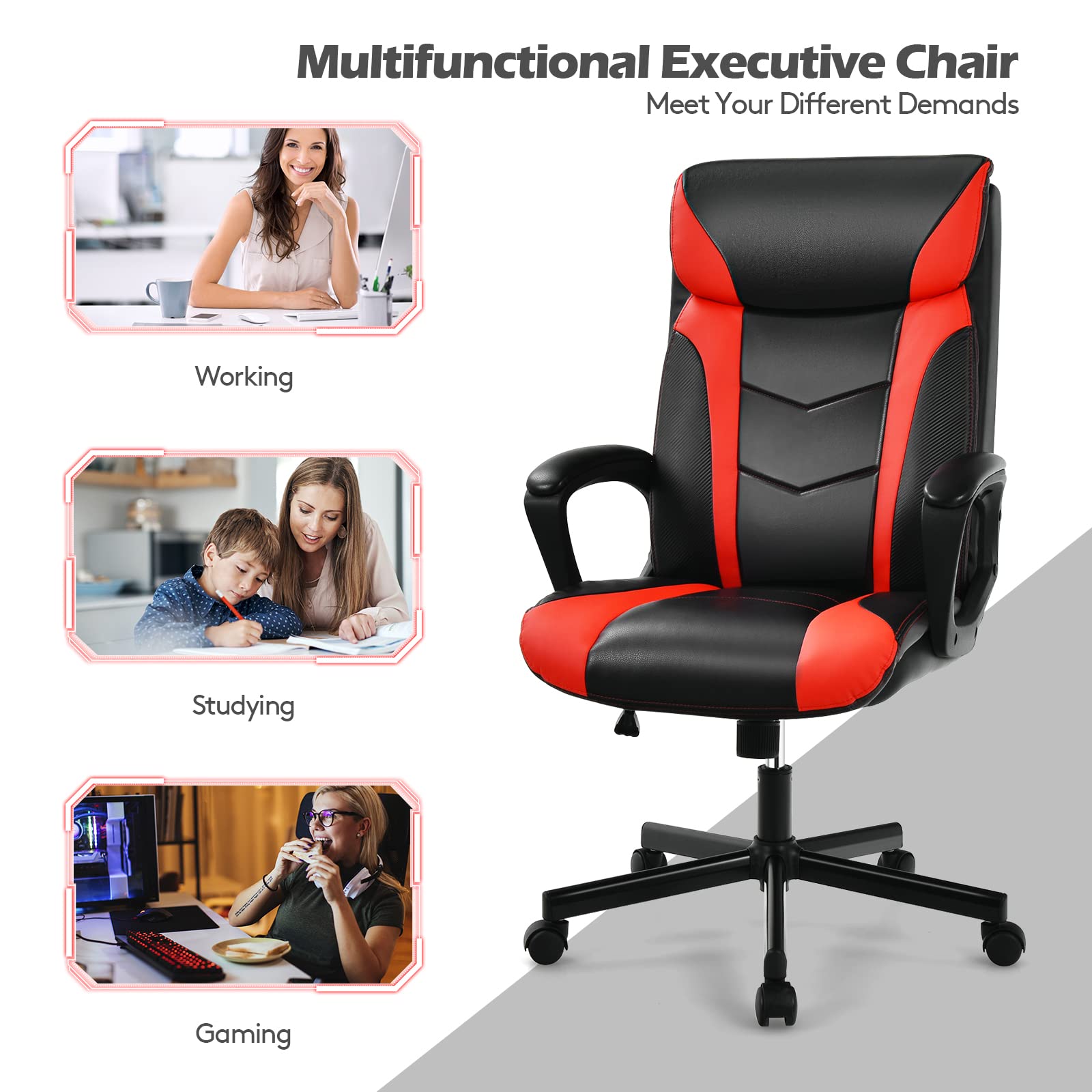 COSTWAY PU Leather Office Chair, Racing Style High Back Swivel Chair with Height Adjustable, Padded Headrest and Armrests, Ergonomic Computer Desk Executive Chair for Working Studying Gaming (Red)