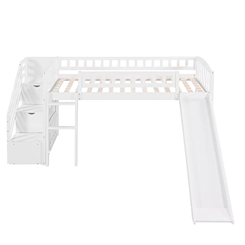 ODC Twin Size Loft Bed with 2 Drawers and Slide for Kids, Solid Wood Loft Bed Frame with Storage, Low Loft Bed with Slide, Ladder and Security Guardrail for Kids Girls Boys Teens