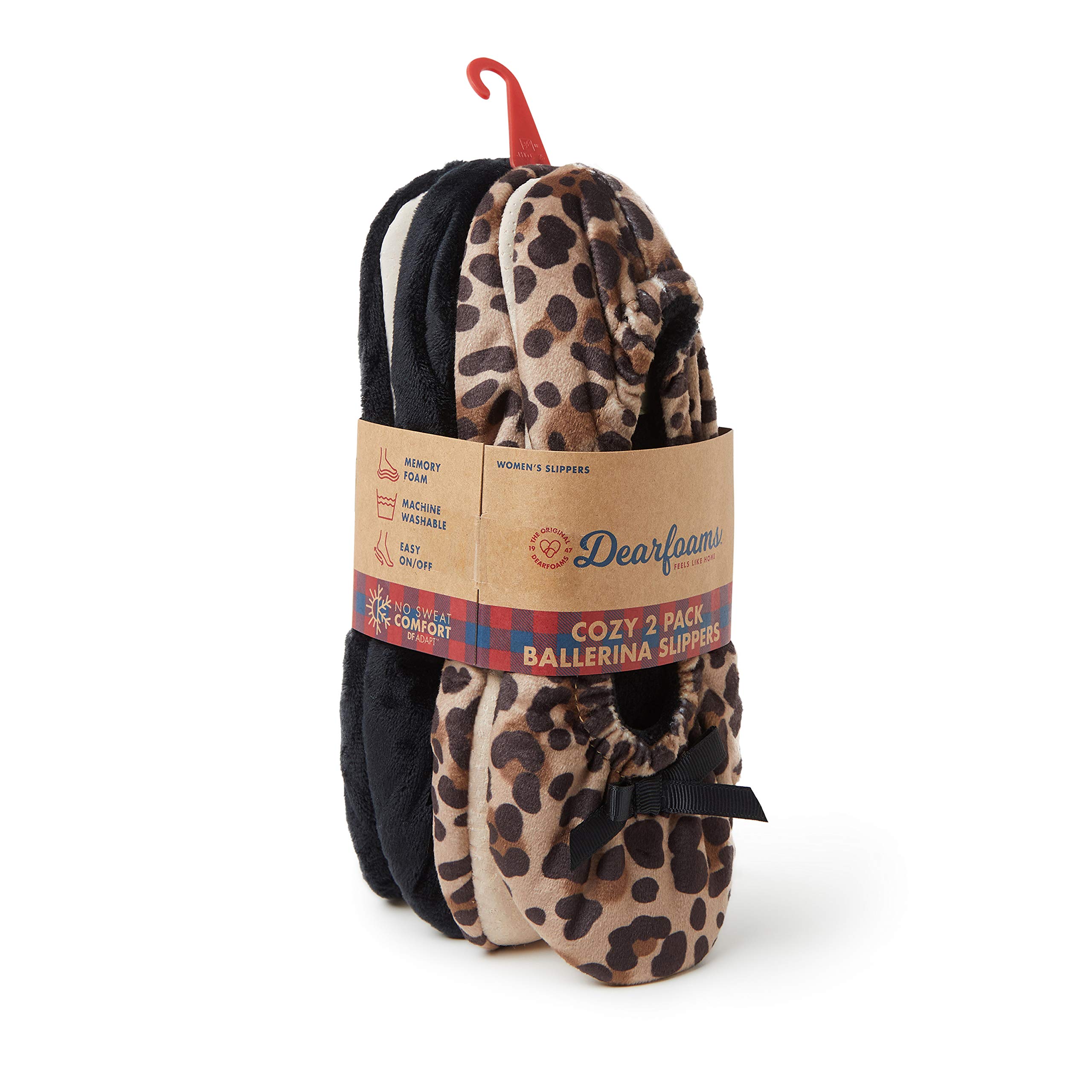 Dearfoams Women's Layla Ballerina with Suede Outsole Slipper, Black & Leopard (2 Pack), Medium