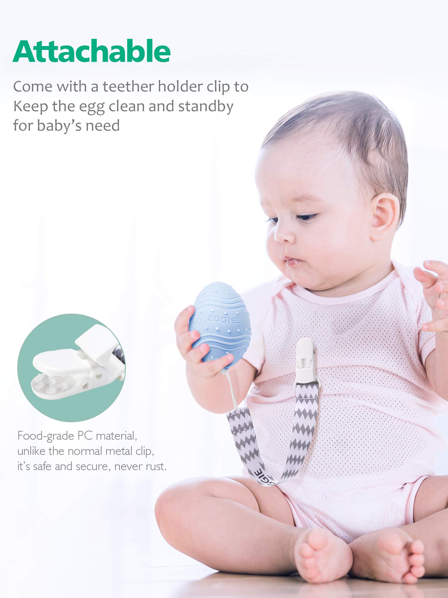 Dino Eggie Baby Teether Egg-Shaped Teething Toy with Pacifier Holder Clip, BPA-Free, for Infant Boys and Girls - Blue