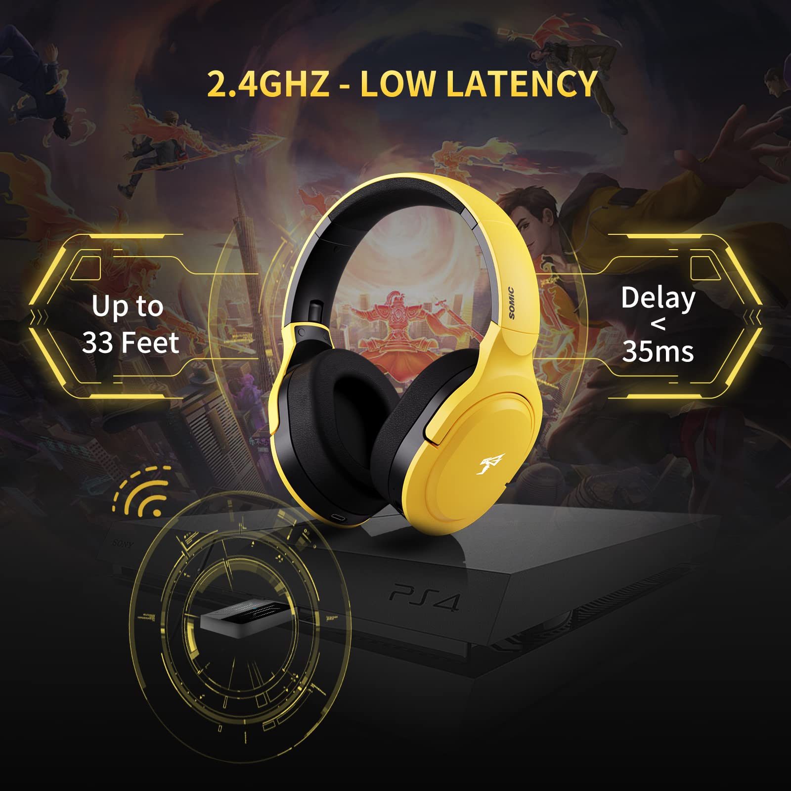 EASARS Wireless Gaming Headset, 2.4G Gamer Headsets, Foldable Bluetooth Headset, 28H Playtime, Detachable Microphone, Compatible with PC, PS5, PS4, Laptop