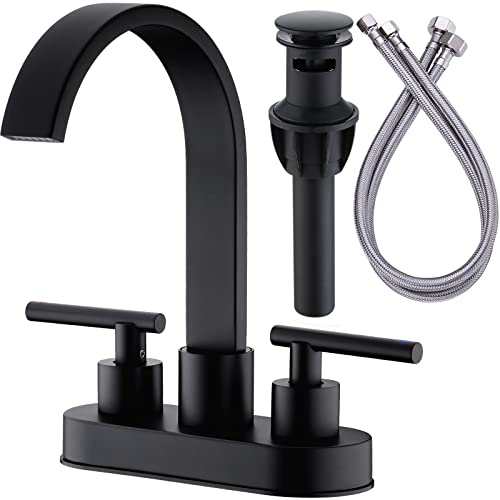 TRUSTMI Bathroom Faucet Matte Black 2 Handle Lavatory Basin Sink Faucet Swivel Waterfall 4 Inch Centerset Vanity Faucet with Overflow Pop Up Drain Assembly
