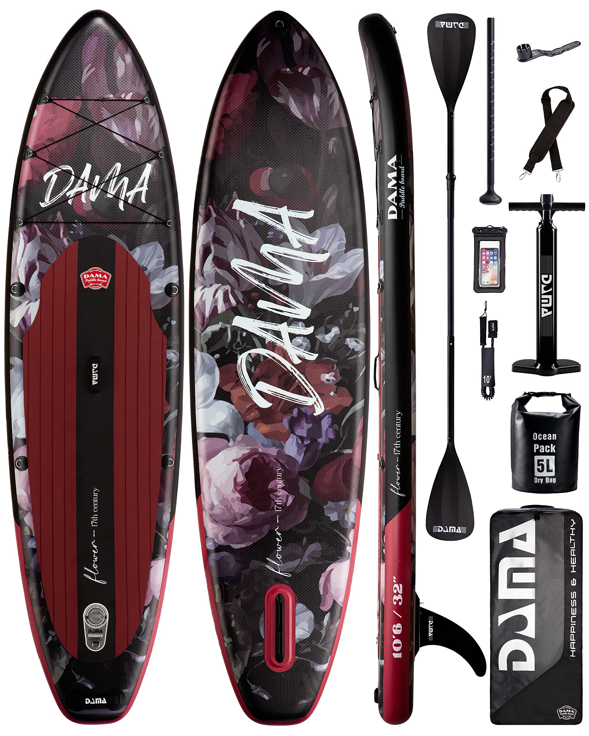 DAMA Stand Up Paddle Boards 10'6"*32"*6" Drop Stitch Inflatable Paddle Board Sup Boards Classic Flower W/Leash, Camera Mount, Hand Pump, for Surfing, Travling, Yoga…