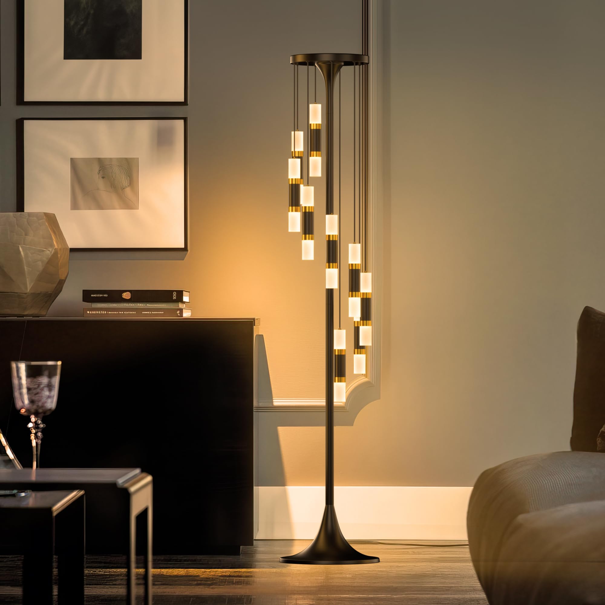 E.P. Light Modern Multiple Heads Black Floor Lamp for Bedroom, 71 inch Tall Dimmable Standing LED Floor Lamp for Living Room, Unique Reading Floor Lamp with Remote for Office