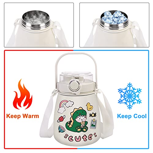 VAlinks Big Belly Stainless Steel Water Bottle with Shoulder Strap, Handle & Cute Stickers, 32oz/900ml Cute Insulated Water Bottle with Straw, Leak Proof Flip-Top Lid Vacuum Bottle, White