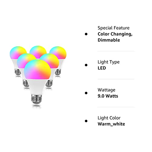 DAYBETTER Smart Light Bulbs, Alexa Light Bulb, WiFi Bulbs, Smart Bulbs That Work with Alexa & Google Assistant, RGBCW Color Changing Light Bulb A19 E26 9W 800LM Led Light Bulb, No Hub Required, 6 Pack