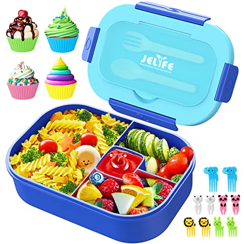 Jelife Lunch Box Kids Bento Box - 1300ML Ideal Leak Proof Bento Lunch Box for Kids School Lunchbox for Teens Toddlers Boys, Lunch Box Snack Containers with Utensil, Food Fork Picks & Cake Cups, Blue