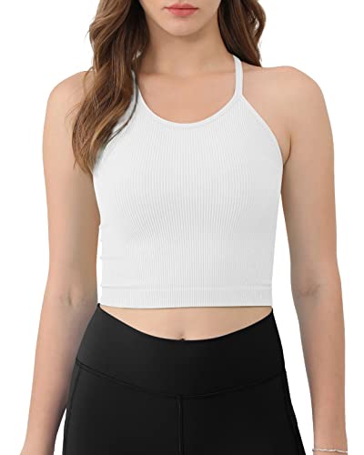 ODODOS Women's Crop Camisole 3-Pack Washed Seamless Rib-Knit Crop Tank Tops, Long Crop, White Gray Black, Medium/Large