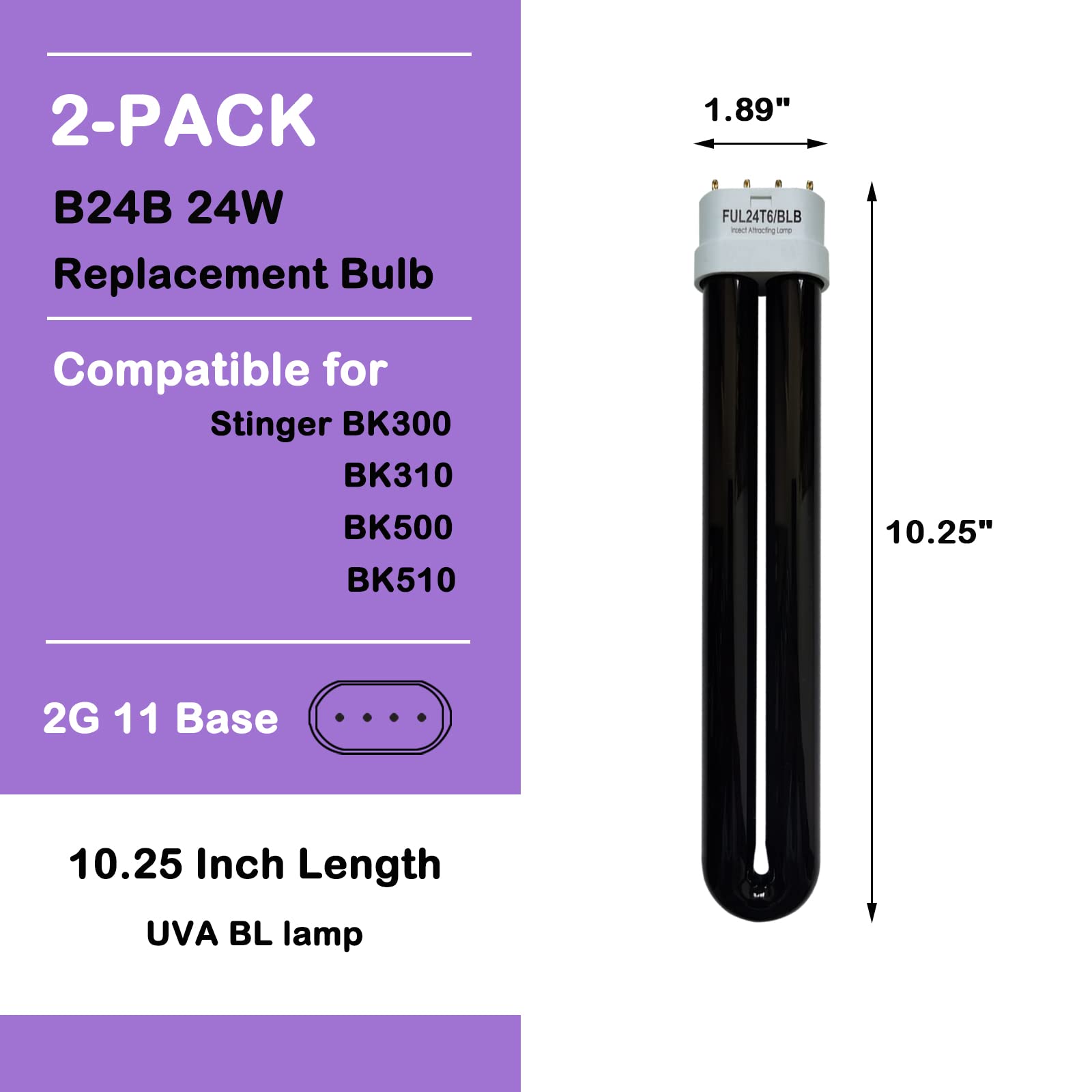 Dameiol 24W B24B Replacement Black Bulb Light Compatible for Stinger BK300,BK310,BK500,BK510. 10.25Inch Length BL lamp