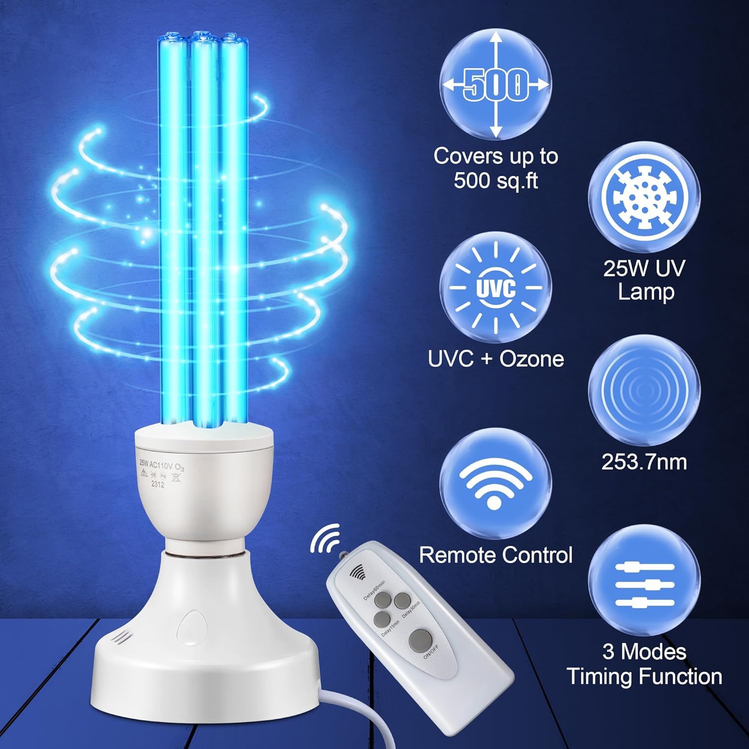 Qualirey 25 Watt UV Light Sanitizer, UVC Lamp with E27 Base and Remote Control, UV Light Bulb for Basement/Bedroom/Kitchen, with Ozone