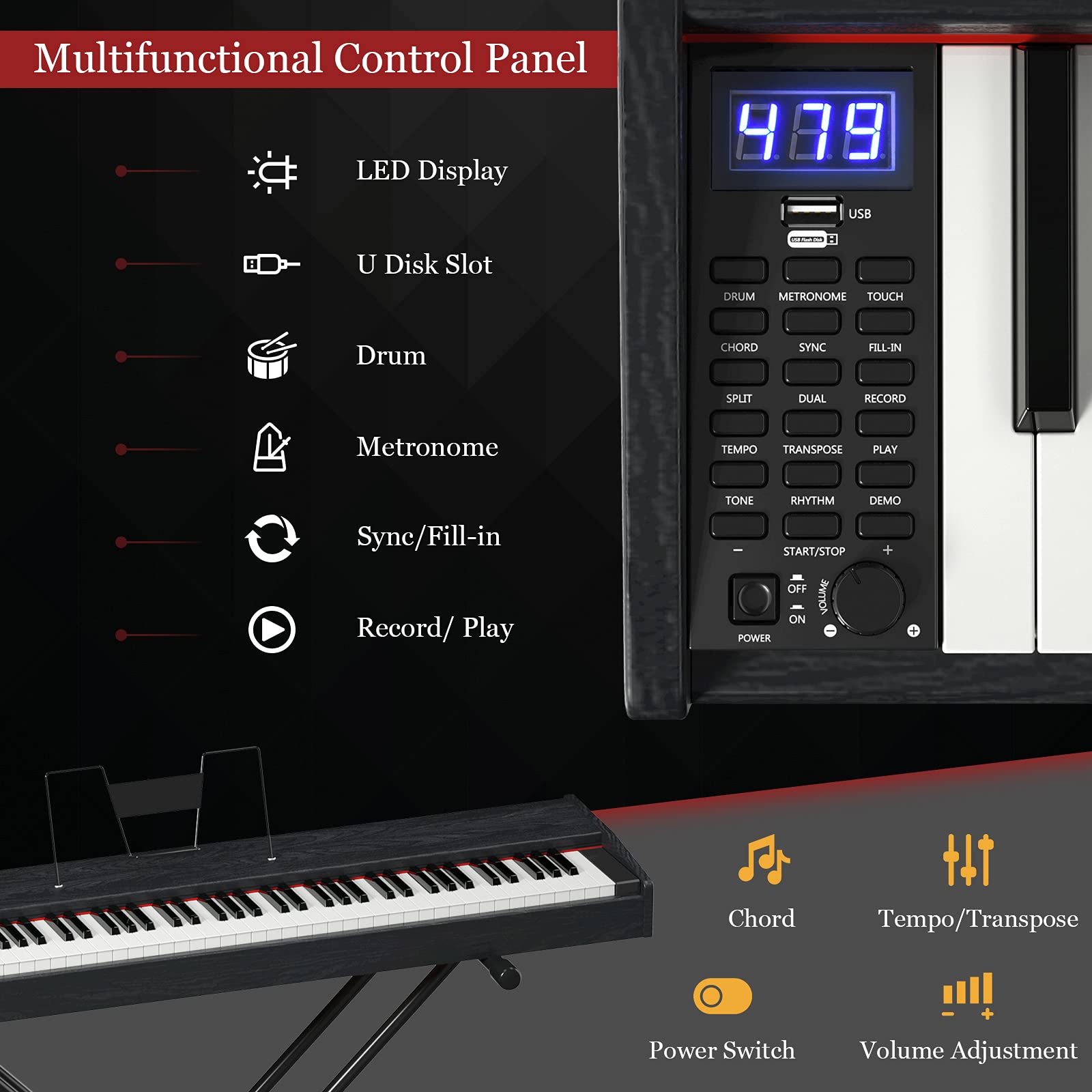Costzon 88-Key Weighted Piano Keyboard Full Size, Portable Midi Keyboard Hammer Action Duet Mode with Sustain Pedal, Built-in Speaker, Headphone and Power Supply for Beginner/Adults (Black)