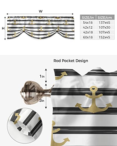 Tie Up Valance for Kitchen Windows, Nautical Theme Gold Anchor Tie-up Curtain Shade Valances 54x18In 1 Panel Rod Pocket Short Curtains Window Treatment for Living Room Home Decor Black White Stripes