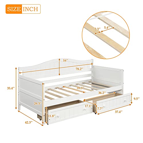 Sturdy Wood Twin Size Bed Frame Twin Wooden Daybed with 2 Drawers,?Sofa Bed for Bedroom Living Room,No Box Spring Needed,White