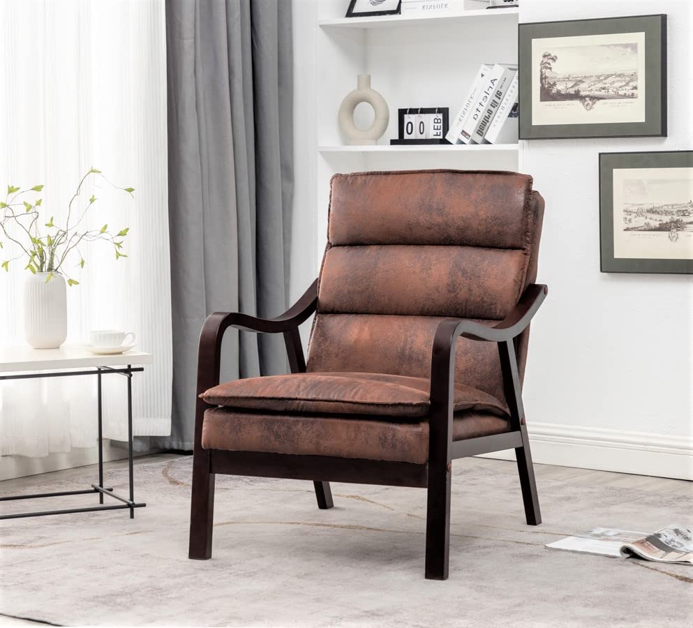 Container Furniture Direct Mid Century Modern Accent Chair for Living Room, Bedroom or Office, Retro-Styled Armchair with Solid Wood Frame and Plush Cushioning, Spotted Microfiber, Brown