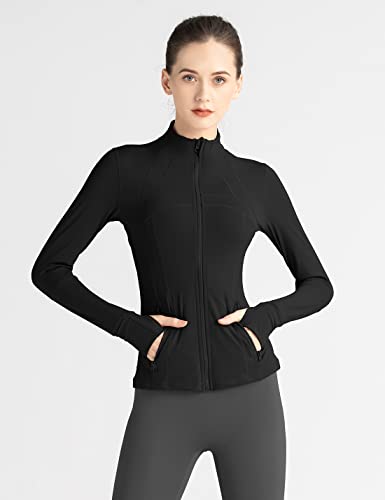 Locachy Women's Slim Fit Full Zip Athletic Running Sports Workout Jacket with Pockets Black XL