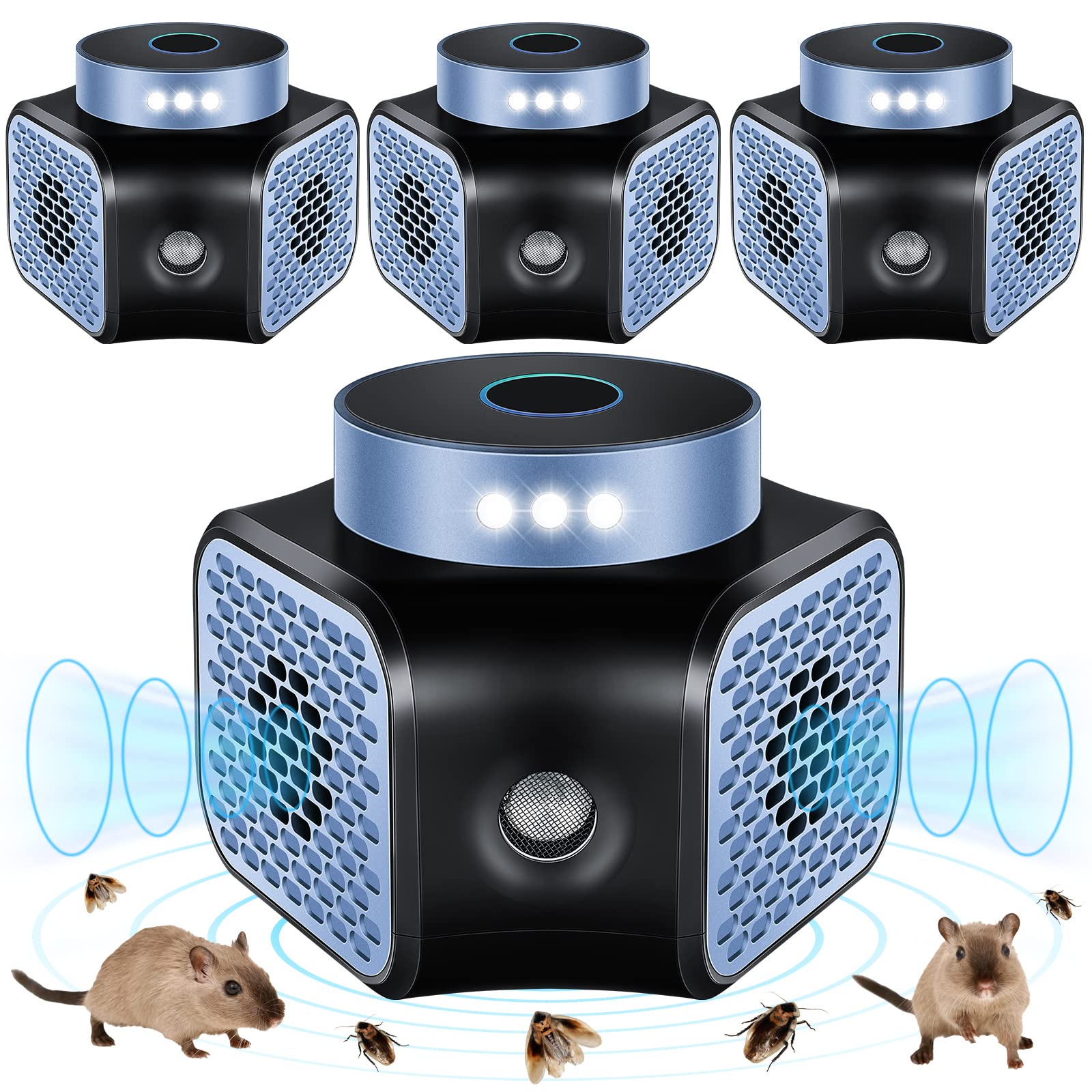 Qualirey 4 Pack Mouse Repellent, 360° Ultrasonic Rodent Repellent Indoor Mice Repellent, Squirrel Pest Repeller Plug-in 4 Modes Bat Spider Deterrent with 9 Strobe Lights Attic Garage House RV(Blue)