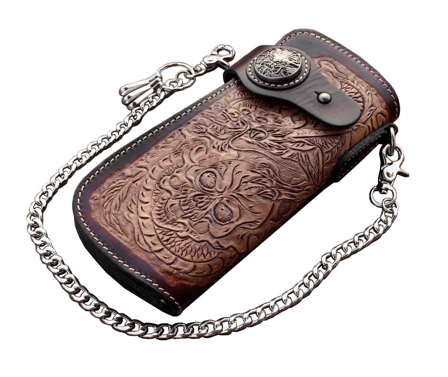 crazy hunter Dragon Skull Motorcylce Biker Cow Leather Card Holder Handmade Wallet With Chain L66