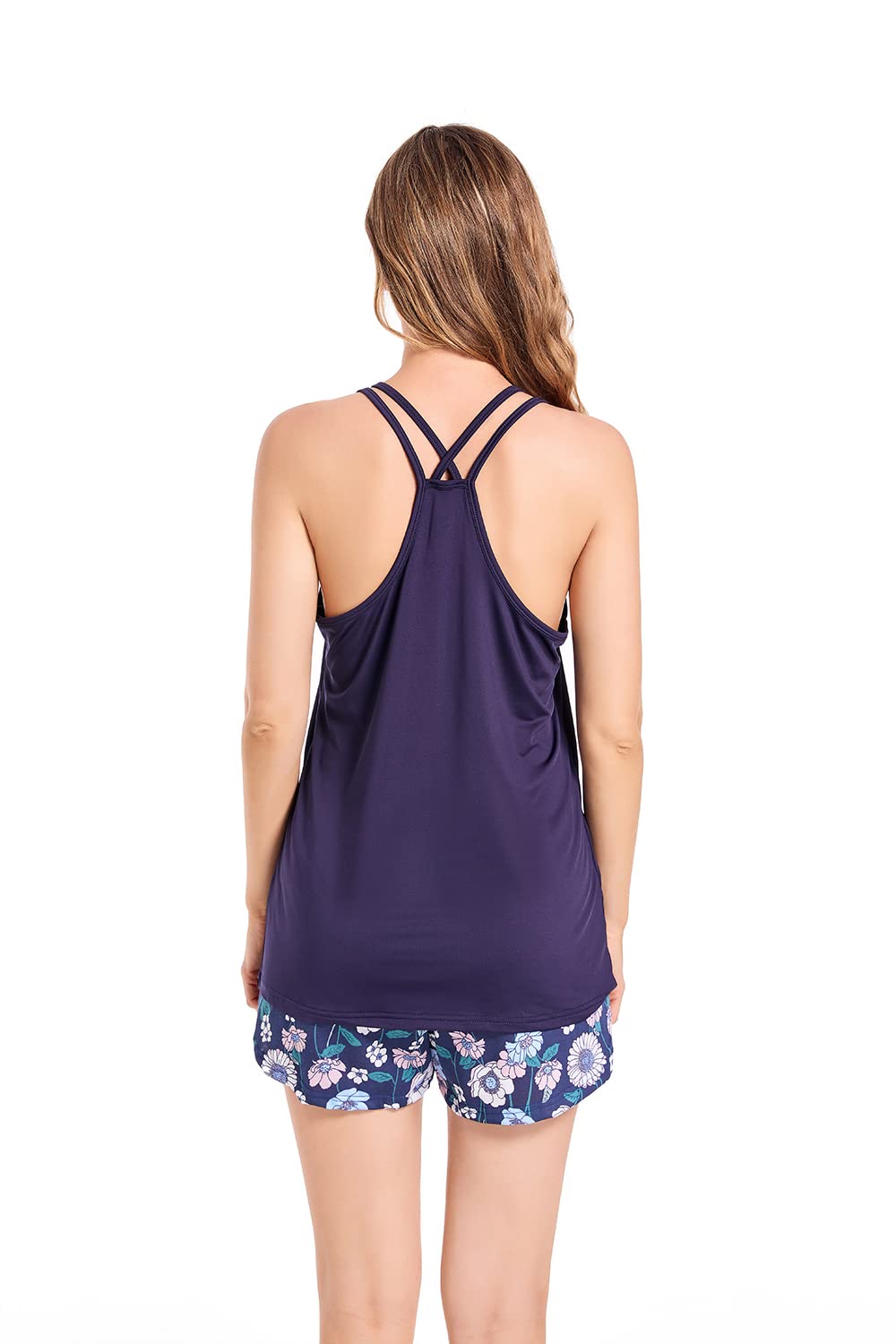 CHUNG Women Camisole Top Shorts Bottom Pajamas Set Loungewear Sleepwear Tank Cross Back,NavyDaisy,M