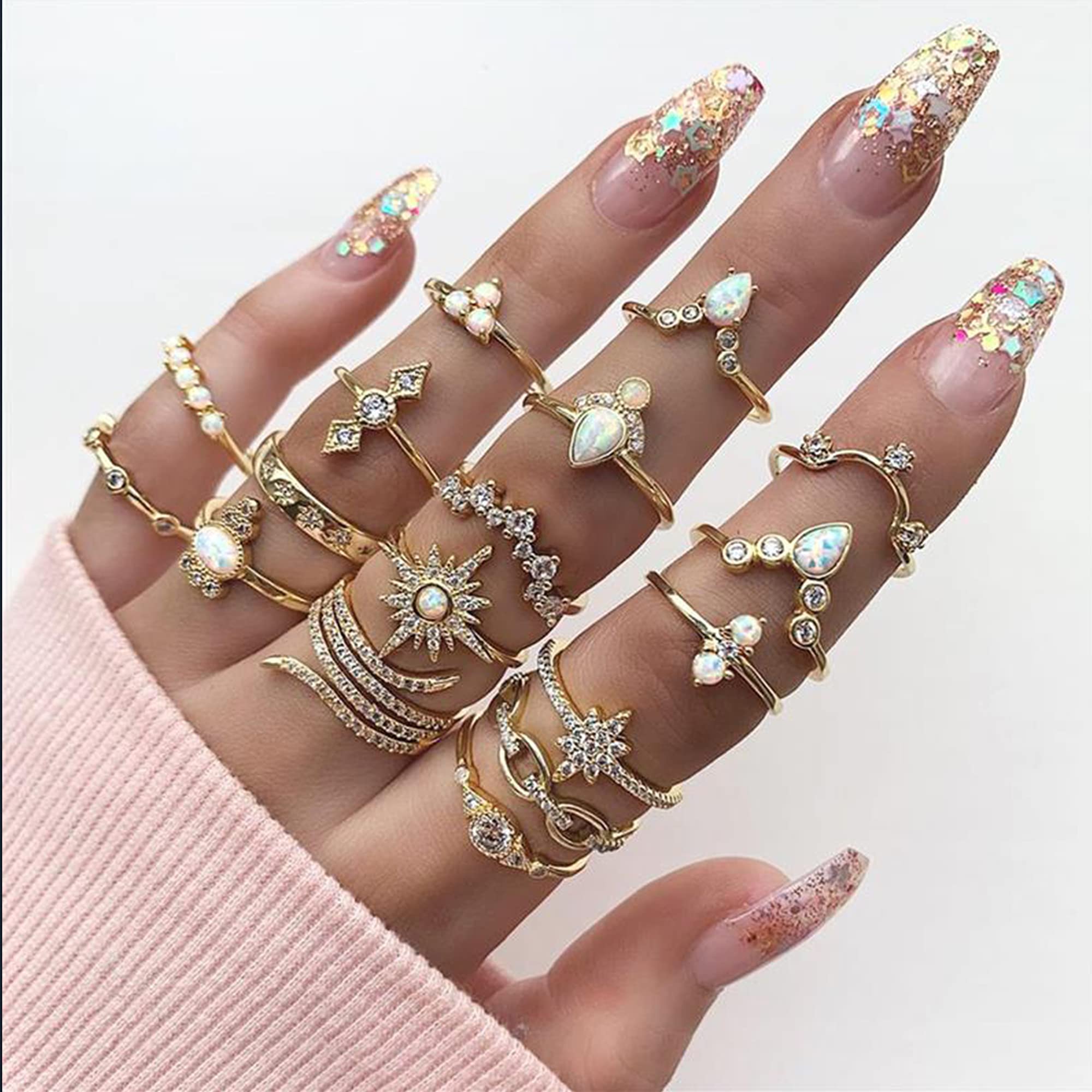 DOLOTTA 95PCS Boho Knuckle Rings for Women Stackable Crystal Joint Rings Set Gold Rings Set Fashion Finger Knuckle Midi Rings for Women