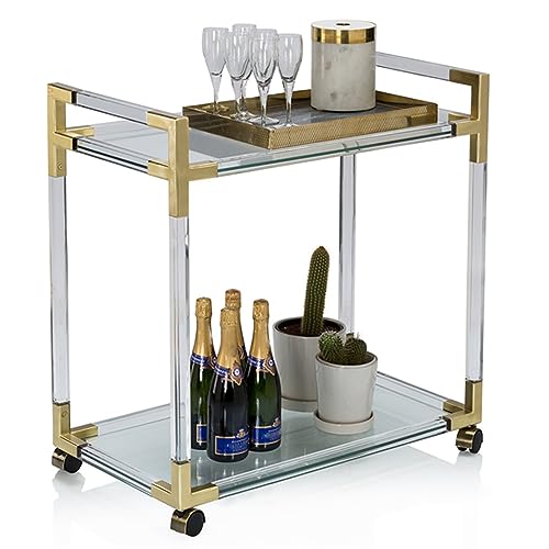 VLOBAOM Gold Bar Cart on Wheels, Clear Acrylic Serving Cart for Home, Mobile Storage Shelf, Rolling Drink Trolley for Living Room, Kitchen, Hotel,80x40x80cm,Gold
