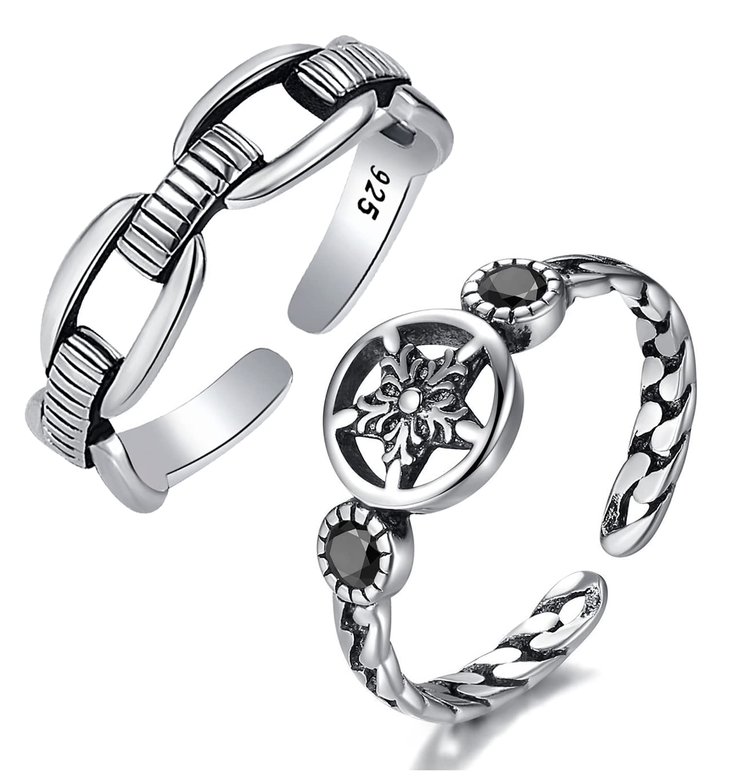 Ecooon 2pcs 925 sterling silver Celtic Knot Pentagram Pentacle star open ring Cuban curb link ring pack, adjustable Amulet protection jewelry gifts for women and men