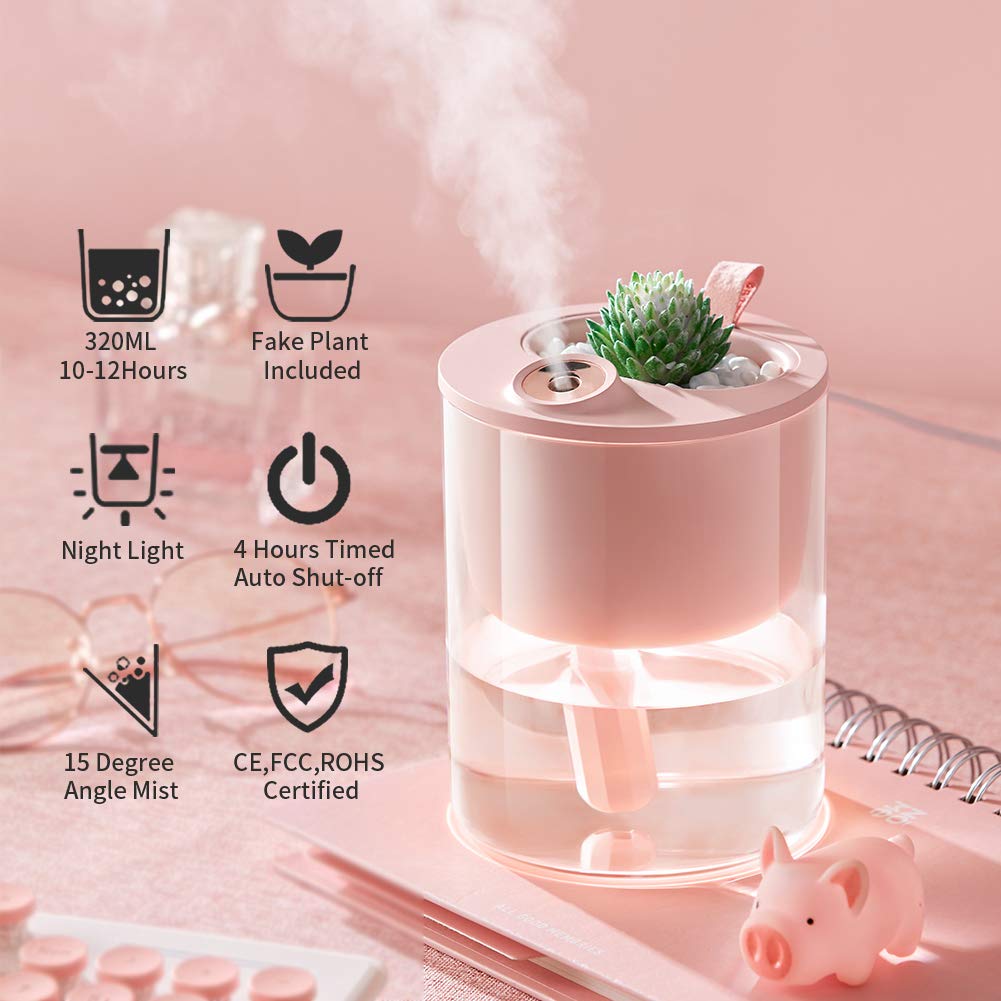 Desk Humidifier, USB Cool Mist Humidifier, Quiet Ultrasonic Mini Humidifiers for Bedroom Home Baby Office Car with Led Light,Timed Auto Shut Off, Lasts Up to 10 Hours (Artificial Plant Include) Pink