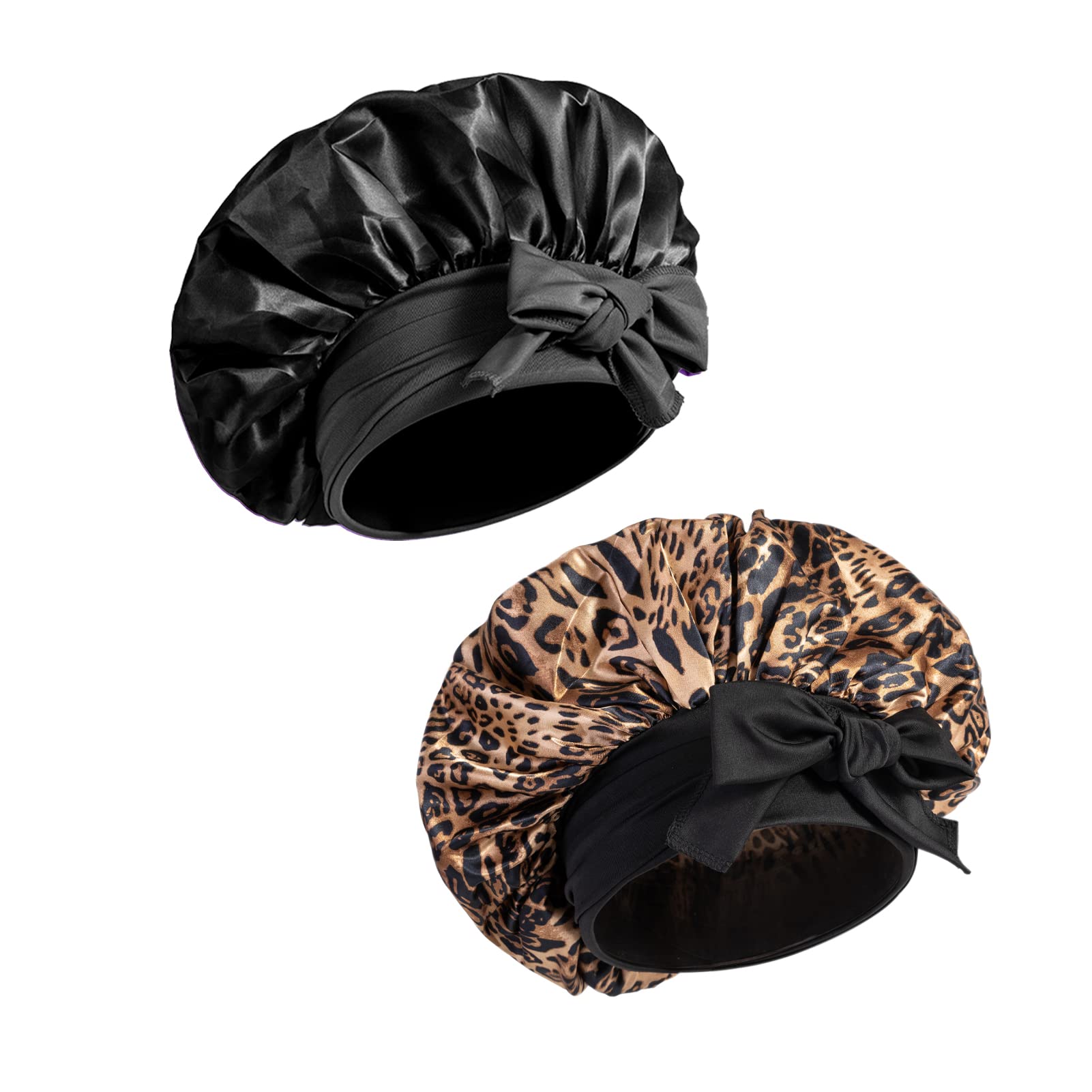 Women Satin Bonnet, Large Satin Bonnets for Braids Jumbo Size Silk Bonnet For Sleeping, Black Women Hair Bonnet with Stretchy Tie Band Sleep Bonnet Cap for Long Curly Hair Braid (Black & Leopard)