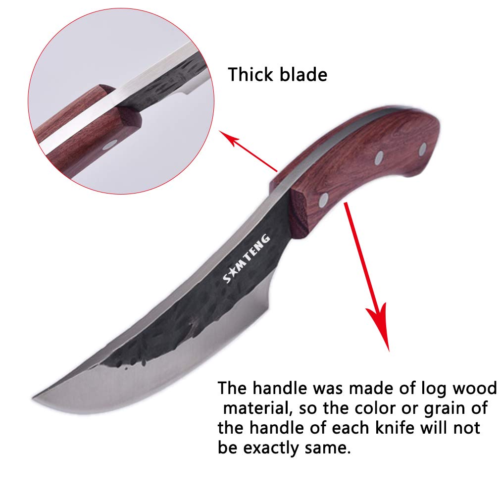 SMTENG Outdoor Survival Knife 5.5 inch,Great for Camping,Hunting and BBQ activities with Leather Sheath,Handmade Forged Hammered kitchen Knife Full tang Sharp Blade Butcher Knives Boning knife
