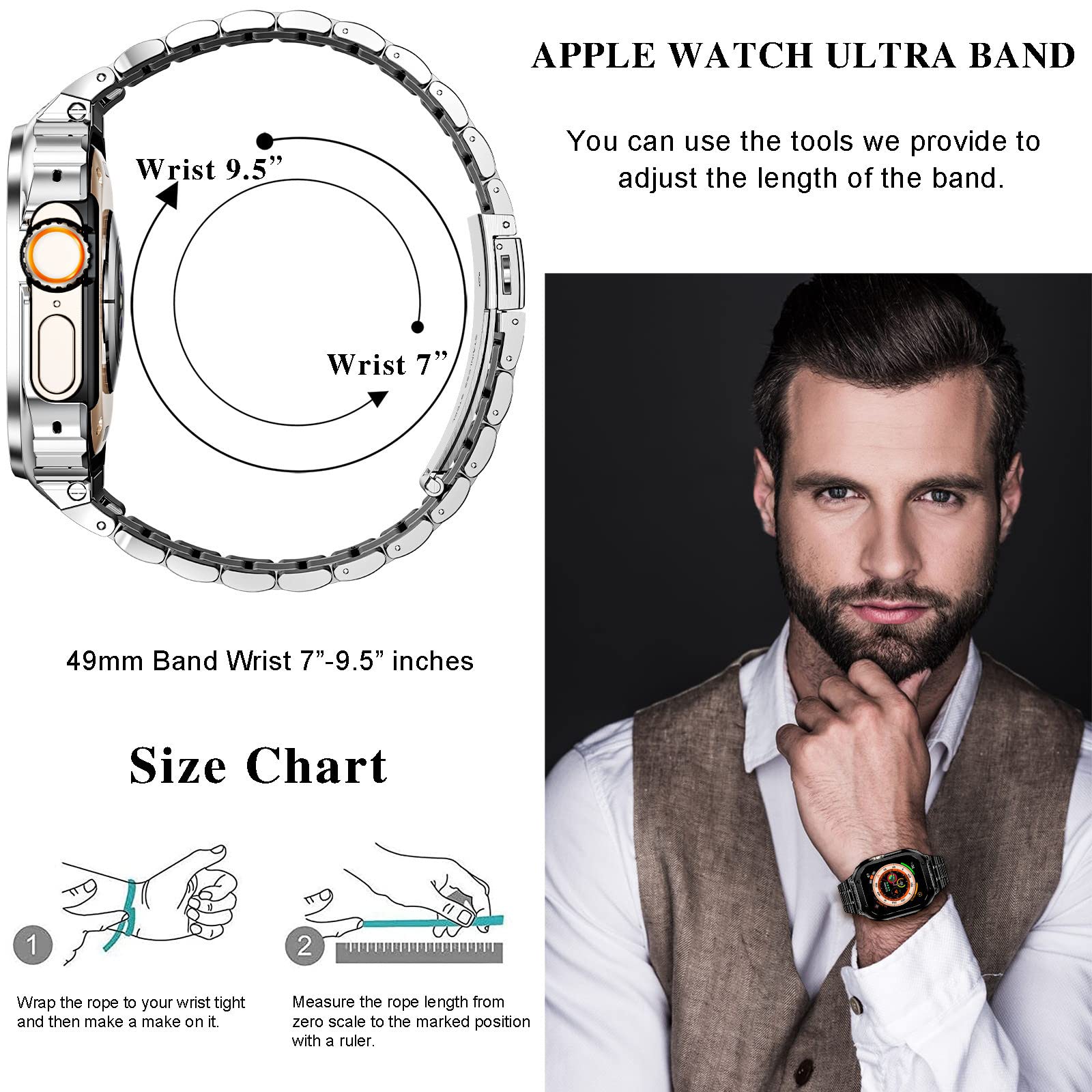 HASLFM Stainless Steel Watch Band with Case Compatible with Apple Watch Ultra/Ultra 2(49mm),Metal Strap and Rugged Protective Cover for iWatch Bands Cases Men, Black