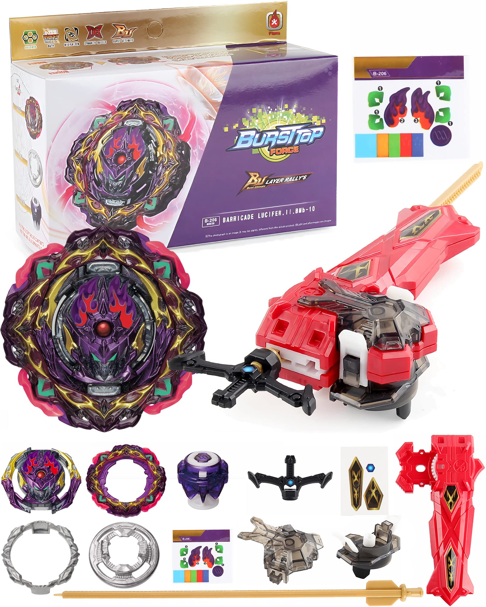 Desamvap Bey Battling Tops Burst B-206 Barricade Lucifer Illegal Bearing Mobius-10 with Sword Launcher Battle Game Set Right Spin DB Dynamite Layer System, Toys Gifts for Kids Children Boys