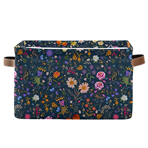 Kigai Large Storage Basket Cute Cartoon Flowers Square Foldable Canvas Laundry Baskets Bin Waterproof Inner Layer with Sturdy Handles for Kids Toy Nursery Blanket Clothes 1 Pack