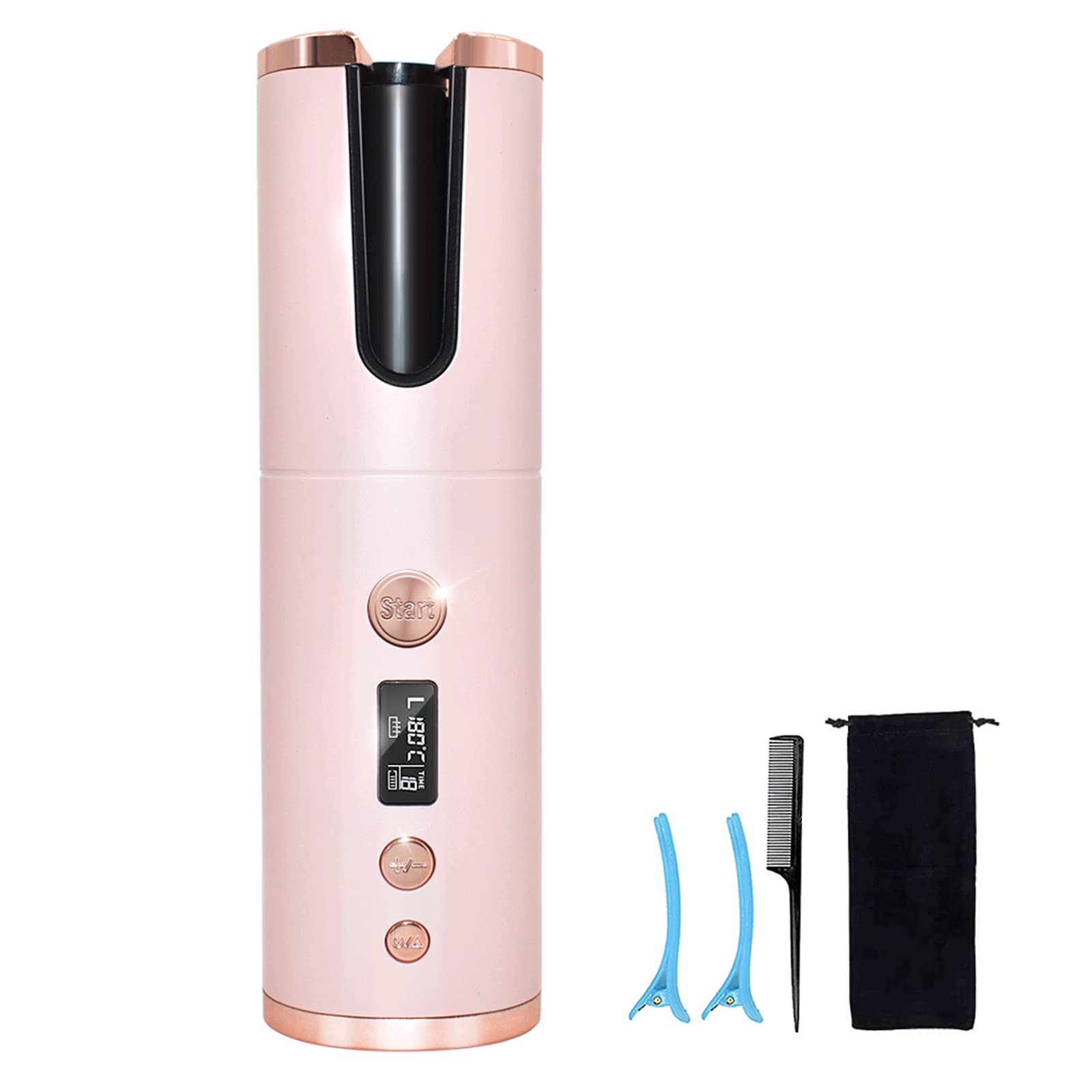 Cordless Automatic Hair Curler, Auto Curling Iron with LCD Display Adjustable Temperature & Timer, Ceramic Hair Curler USB Charging and Rechargeable, Portable Hair Styler for Travel (Pink)
